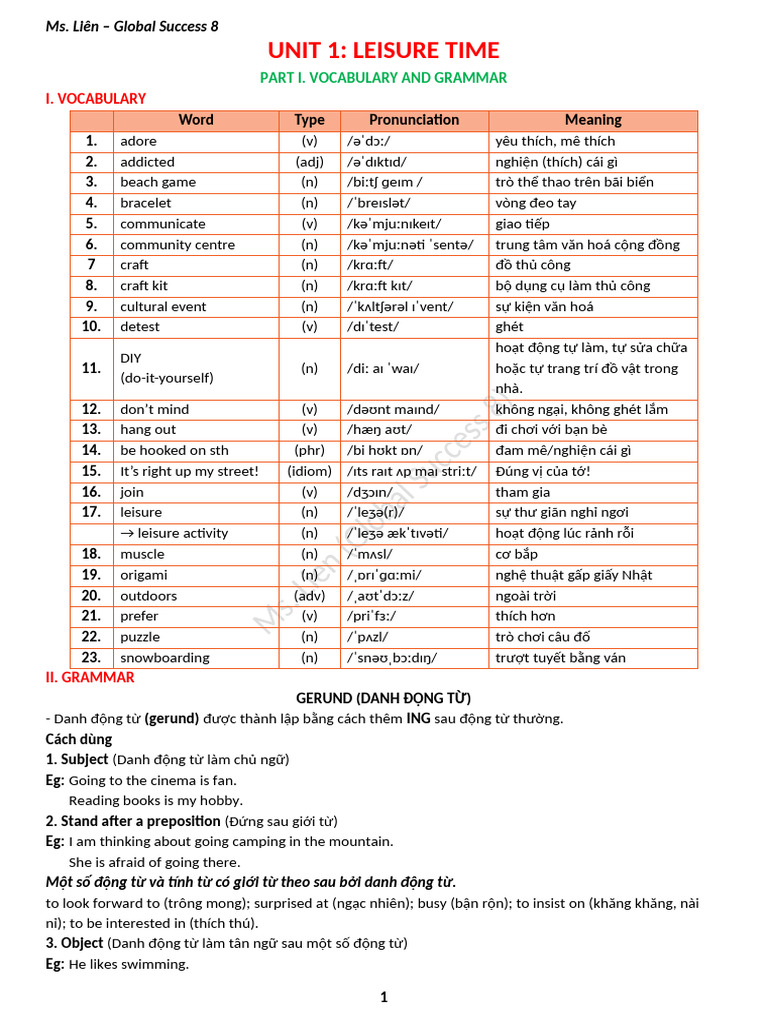 Global Success 8: Unit 1 Vocabulary | PDF