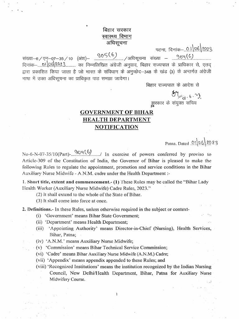 Bihar Lady Health Worker (ANM) Cadre Rules 2024 | PDF | Nursing