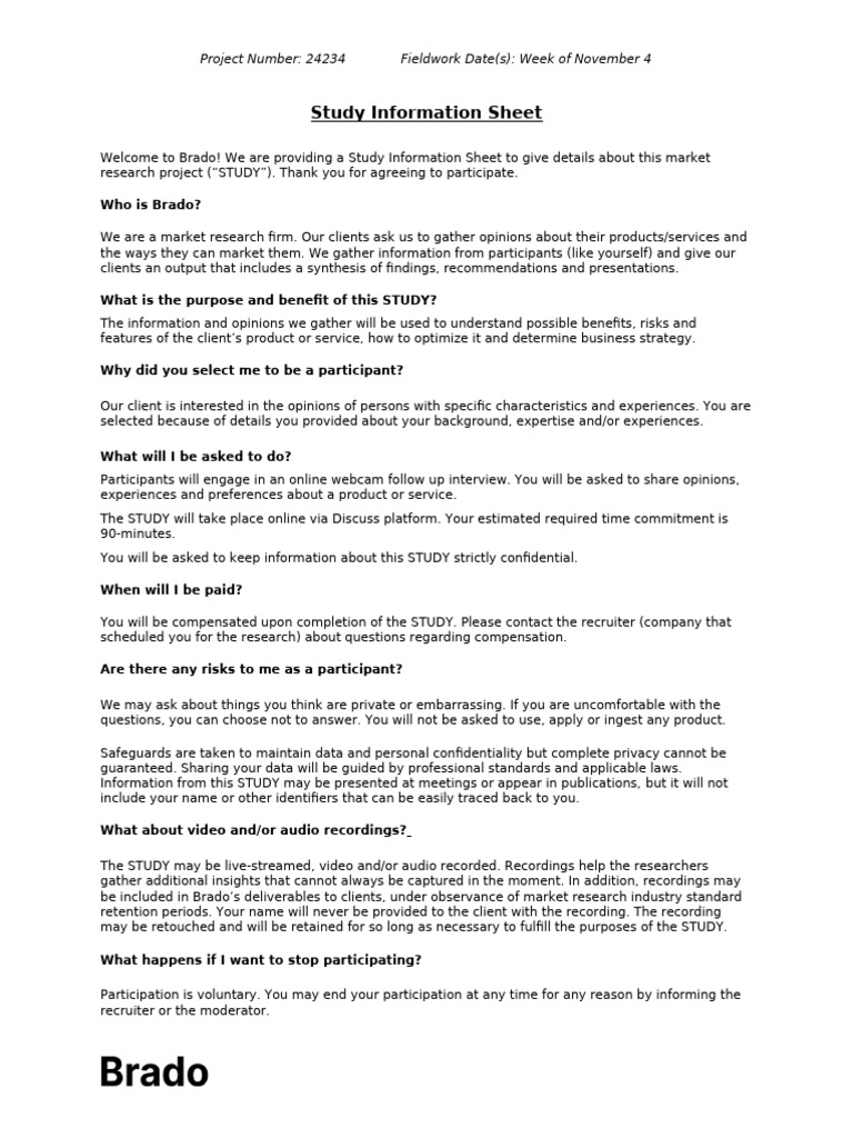 Brado Study Info and Consent, Confidentiality & Waiver Agreement - Follow Up Interview | PDF ...