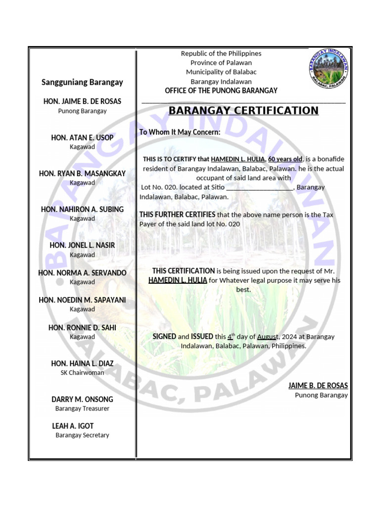 BARANGAY Cert for land | PDF