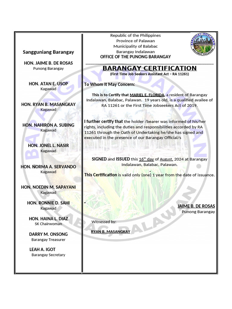 Barangay Certificate FOR FIRST TIME JOBSEEKER | PDF