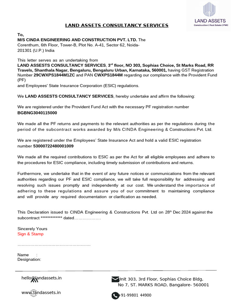 Undertaking Letter PF, ESI | PDF