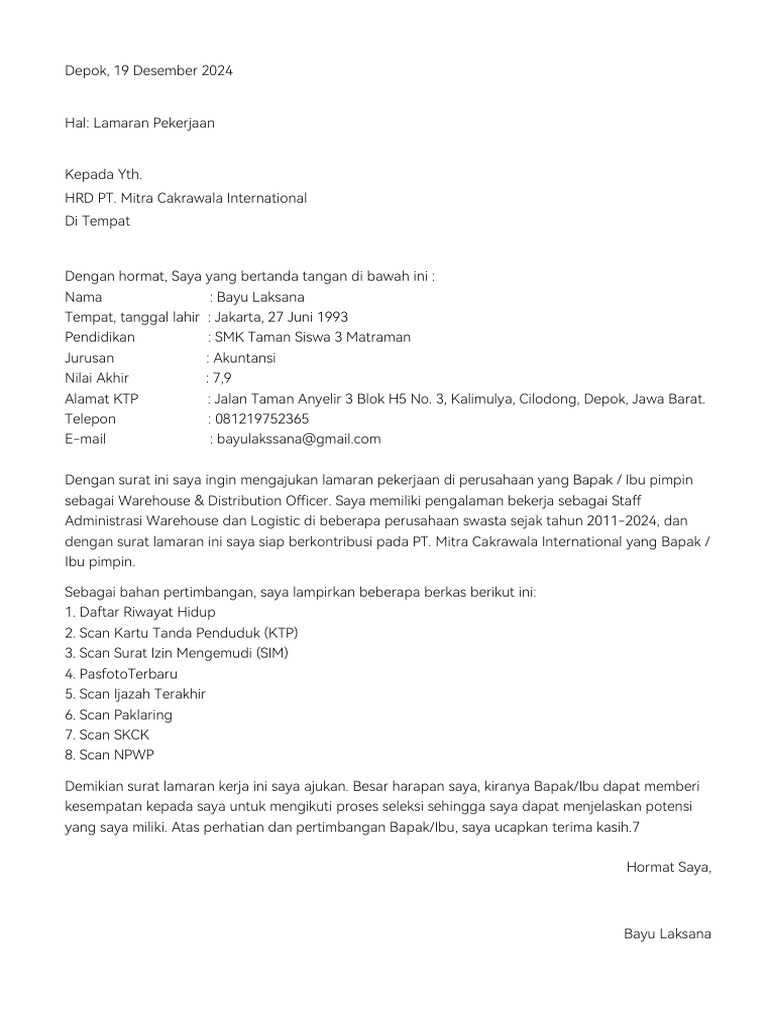 Surat Lamaran PT. Mitra Cakrawala International | PDF