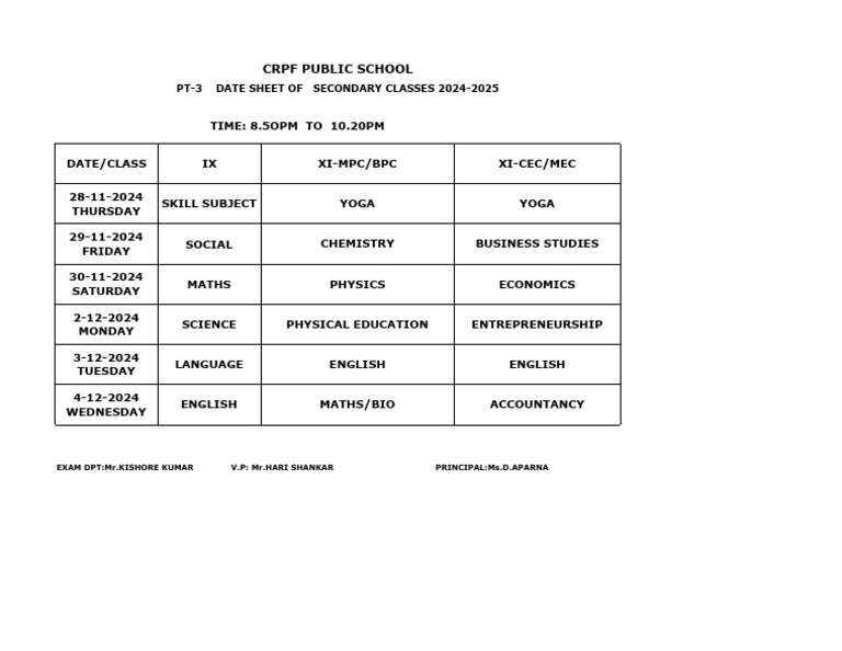Class 9 and 11 Pt-3 Time Table 2024-2025 | PDF