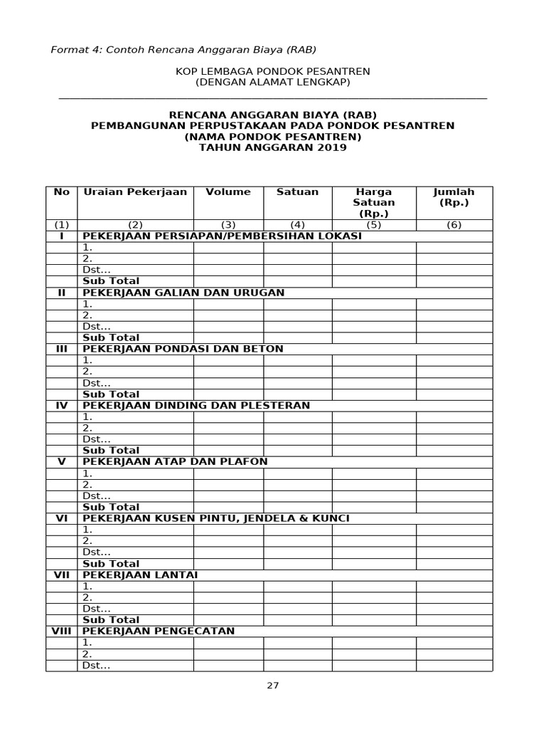 Format 4 - Contoh Rencana Anggaran Biaya (RAB) Perpustakaan | PDF