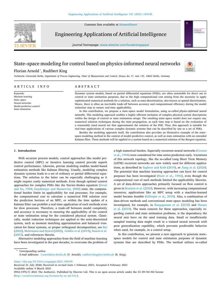 State Space Modeling For Control Based On Physics Informed Neural