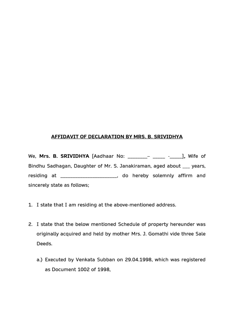 Final - Declaration Affidavit of Mrs. Srividhya | PDF | Civil Law ...