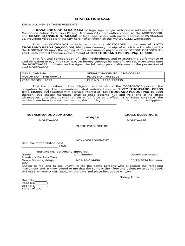 CHATTEL MORTGAGE PDF Mortgage Law Loans