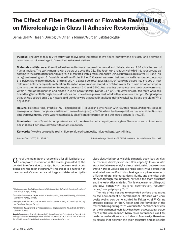 The Effect Of Fiber Placement Or Flowable Resin Lining On Microleakage