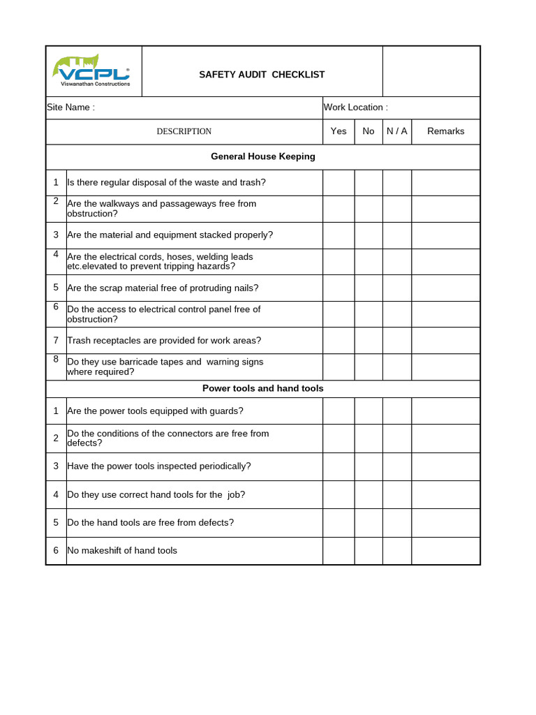 Comprehensive Safety Audit Checklist | PDF