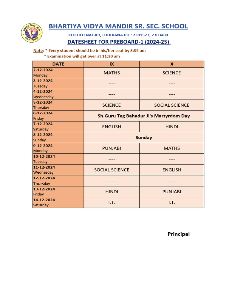 Datesheet Class IX-X PreBoard 1 (2024-25) - 2 | PDF