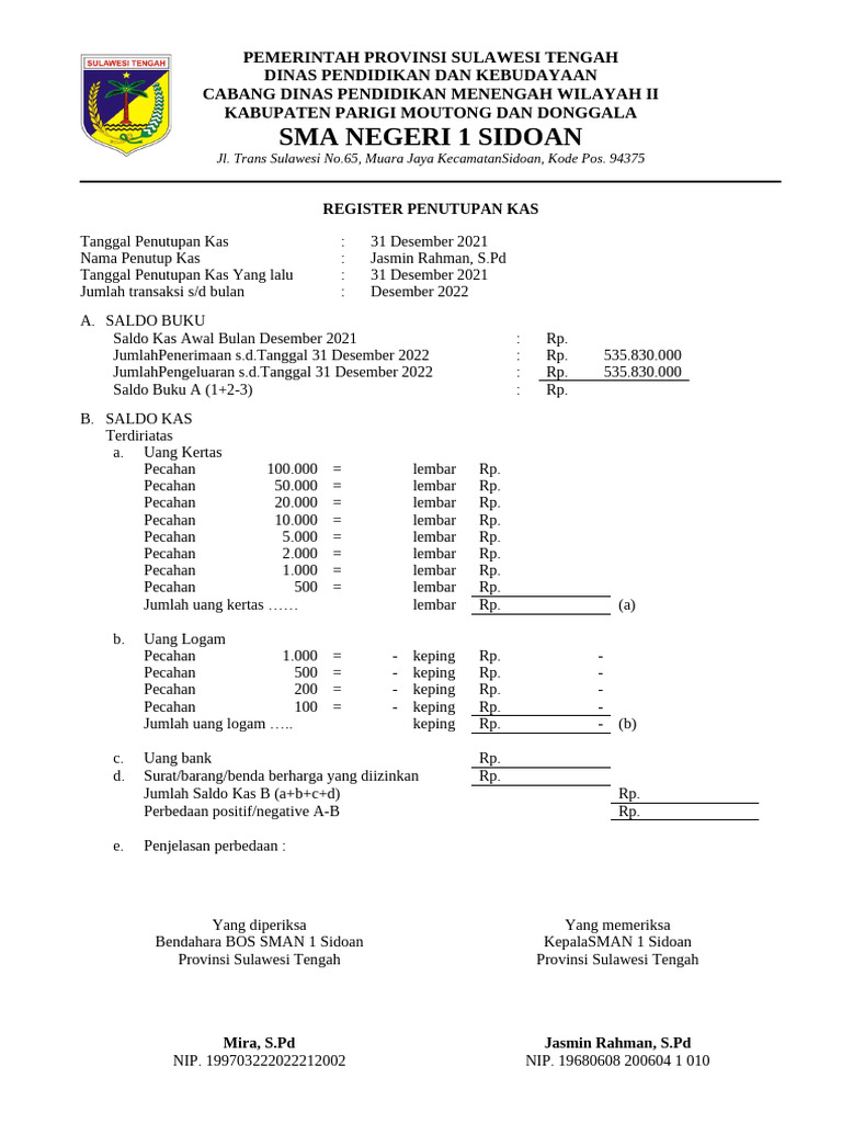 Register Penutupan Kas Edit - 2023 | PDF