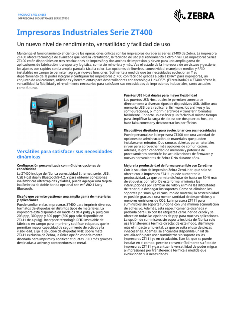 zt400 Series Spec Sheet Es La | PDF | Impresora (Computación ...