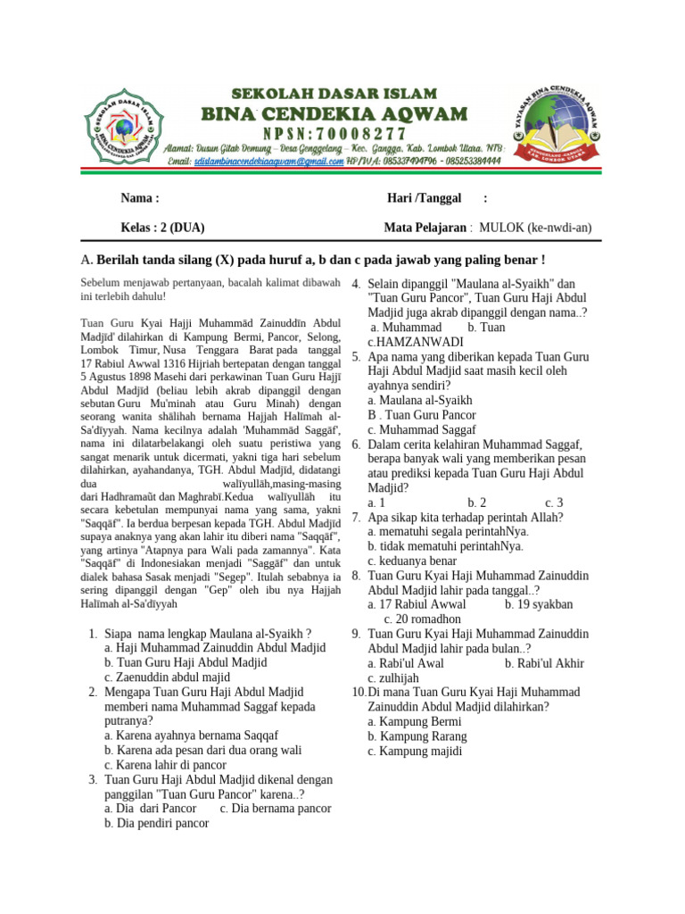 Mulok Kelas 2 Pat 2023 | PDF