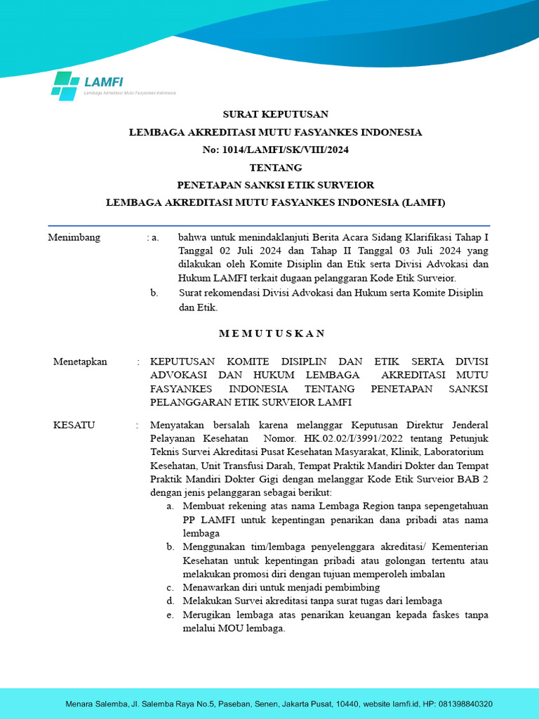 Surat Keputusan Penetapan Sanksi Etik - Ilham Zulfikar, S.kep., NS., M ...