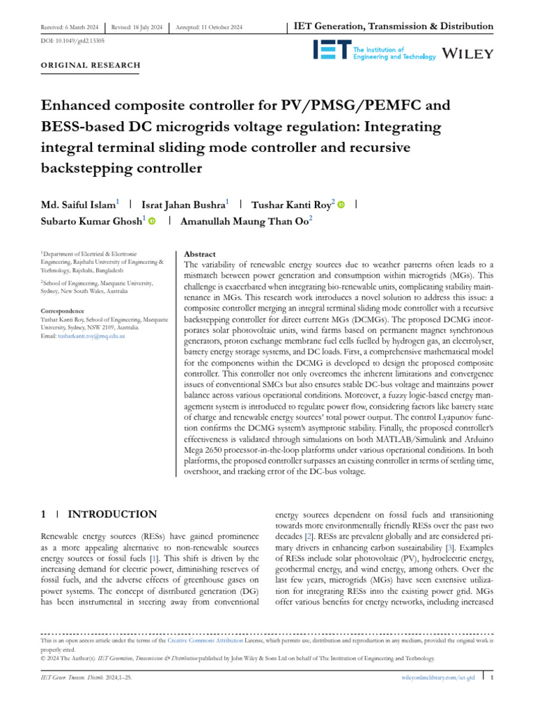 Iet Generation Trans Dist 2024 Islam Enhanced Composite Controller For Pv Pmsg Pemfc And