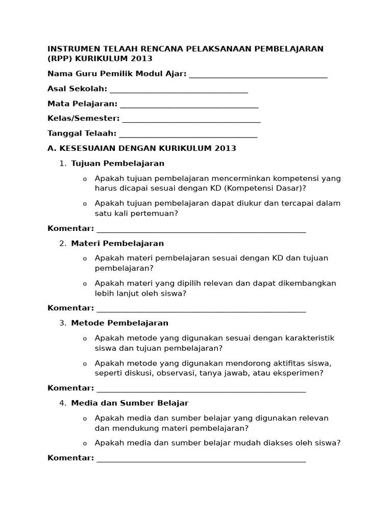 Instrumen Telaah Rencana Pelaksanaan Pembelajaran (RPP) Kurikulum 2013 | PDF
