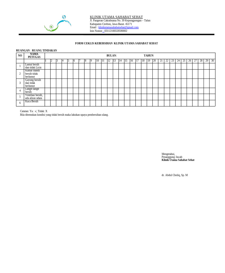 Form Ceklis Kebersihan Ruangan | PDF