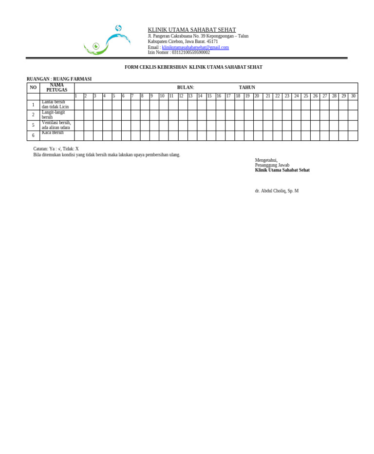 Form Ceklis Kebersihan Ruang Farmasi | PDF