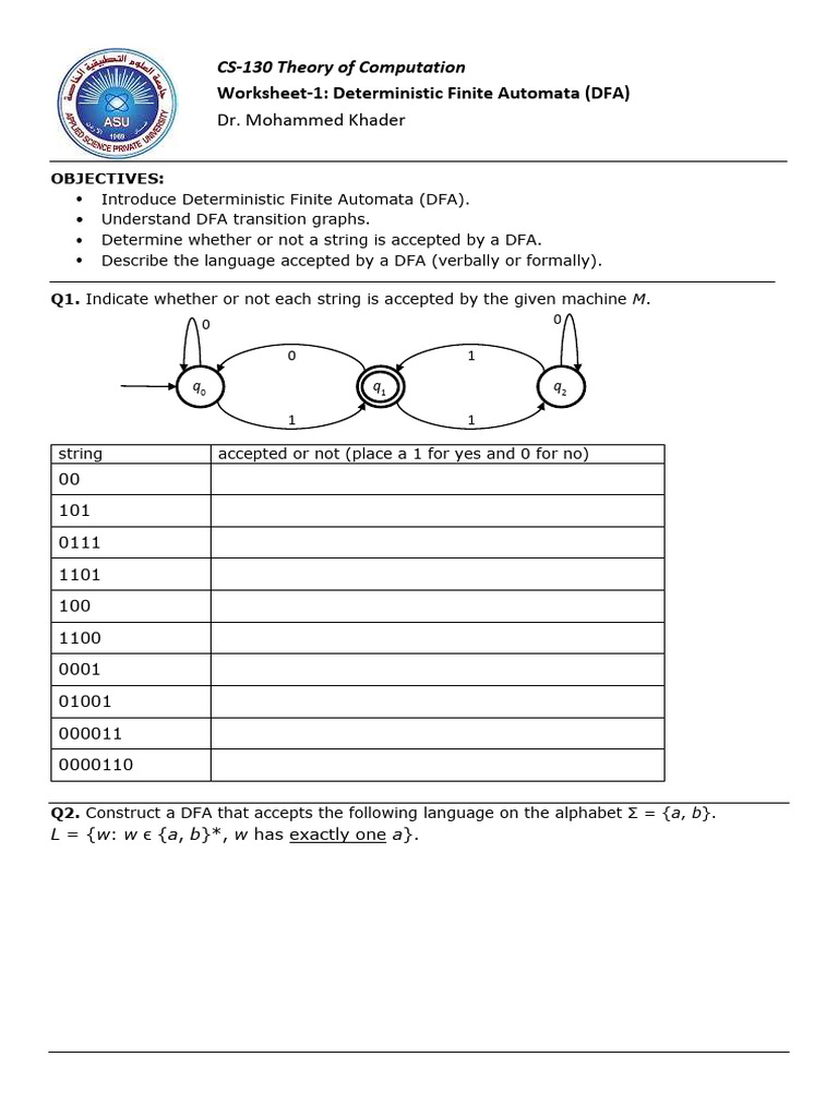 Worksheet1 - DFA | PDF | Algorithms | String (Computer Science)
