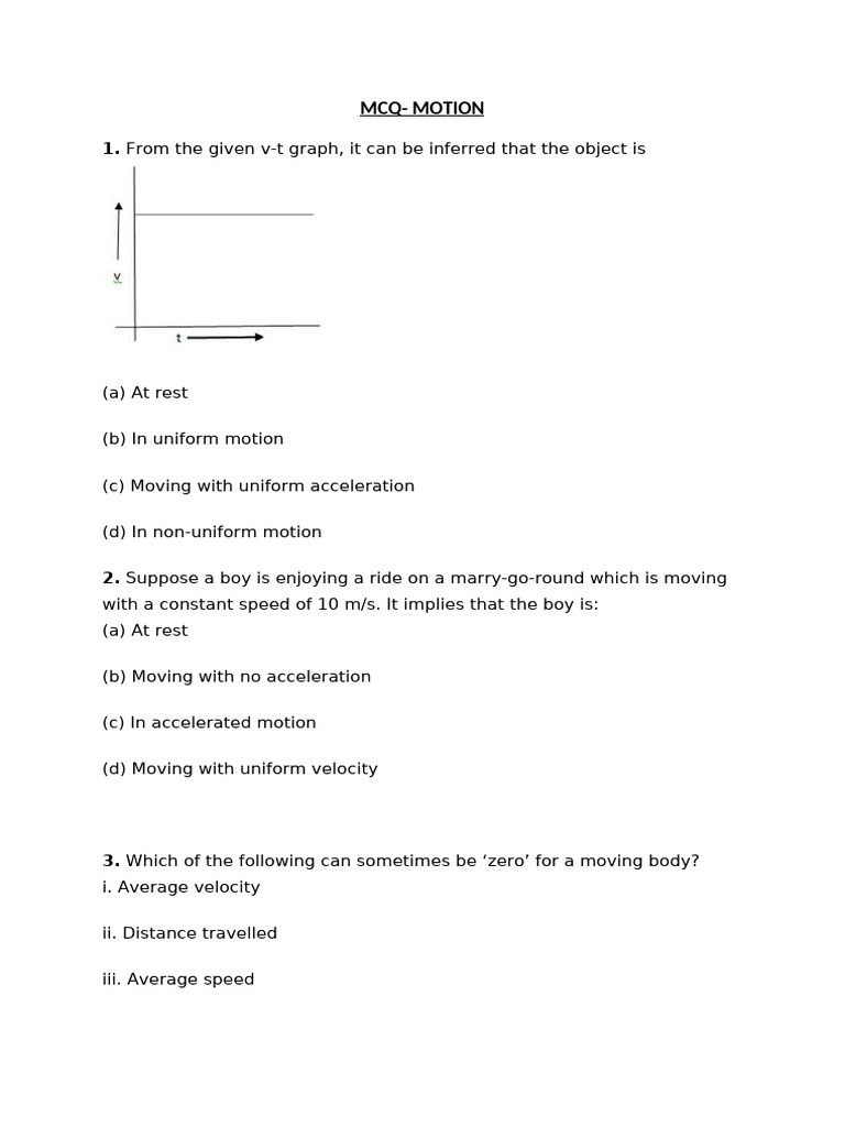 Physics MCQ-Motion | PDF | Acceleration | Velocity