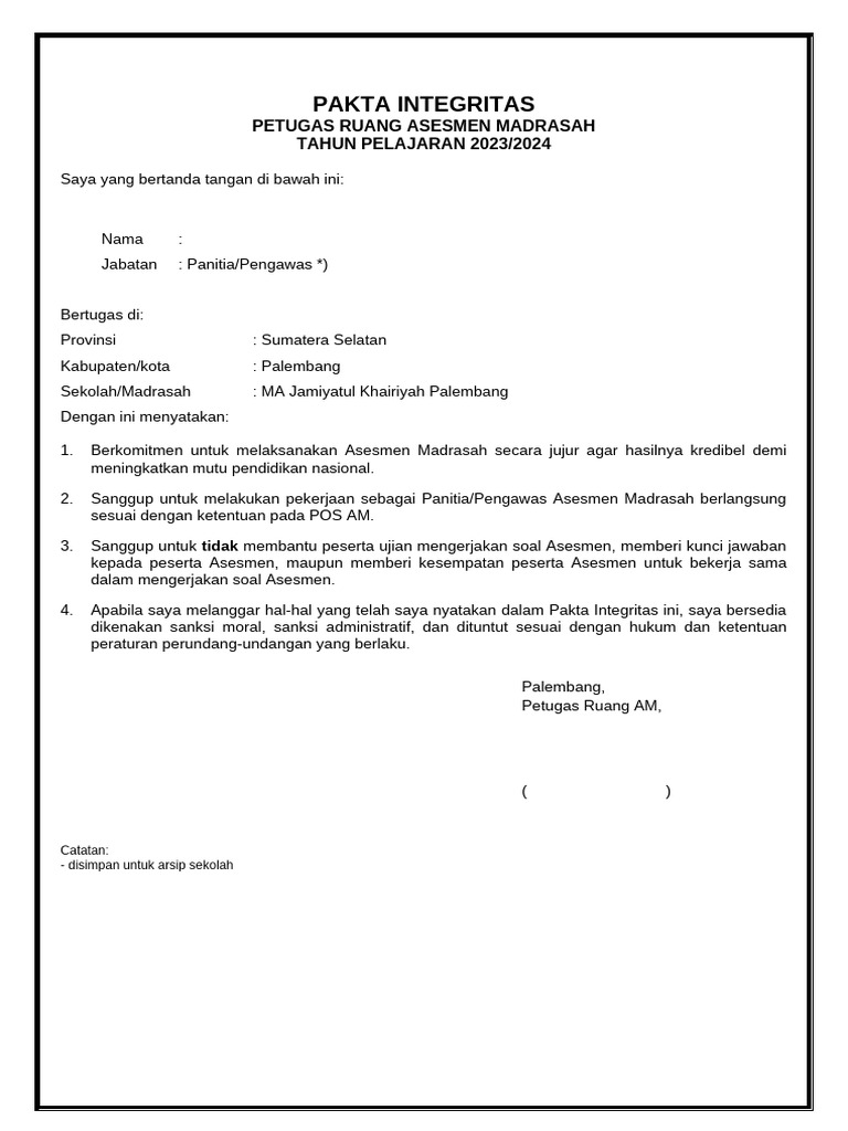Pakta Integritas MTs Dan MA AM Tahun 2024 | PDF