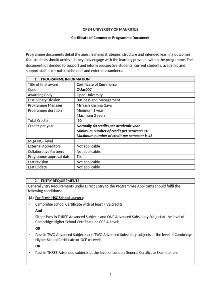 Open University Mauritius Commerce Certificate | PDF | Educational ...