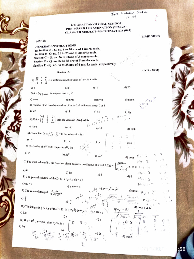 Maths Pre Board? | PDF | Matrix (Mathematics) | Applied Mathematics