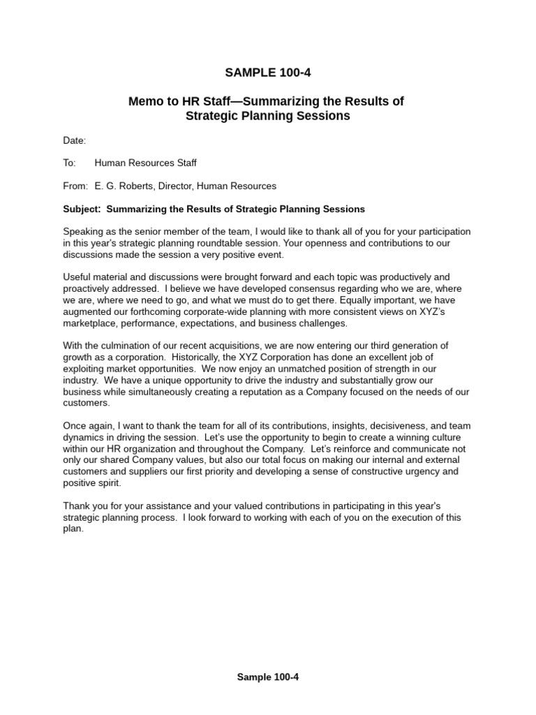 SAMPLE 100-4 Memo To HR Staff-Summarizing The Results of Strategic ...