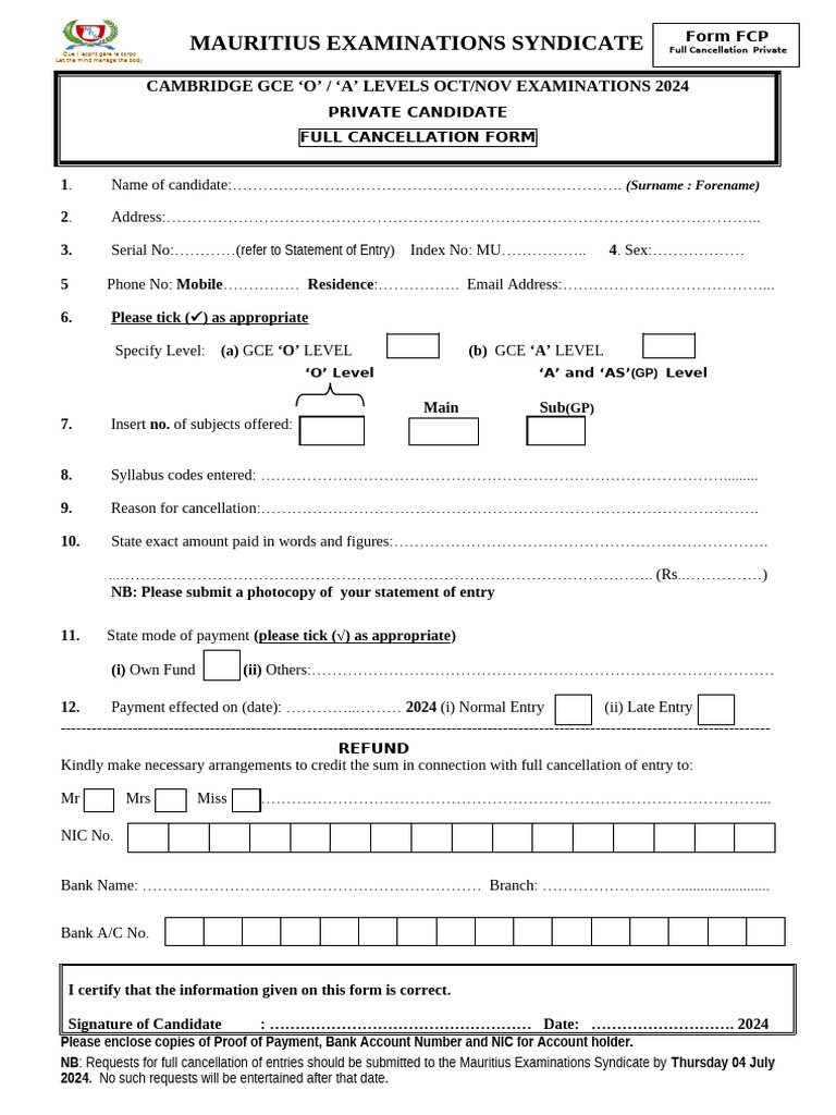 8.2024 Full Cancellation Form FCP Private | PDF | Secondary Education ...