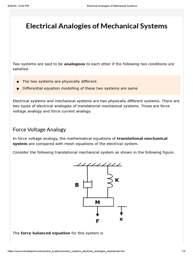 Electrical-Mechanical System Analogies | PDF | Torque | Electrical Network