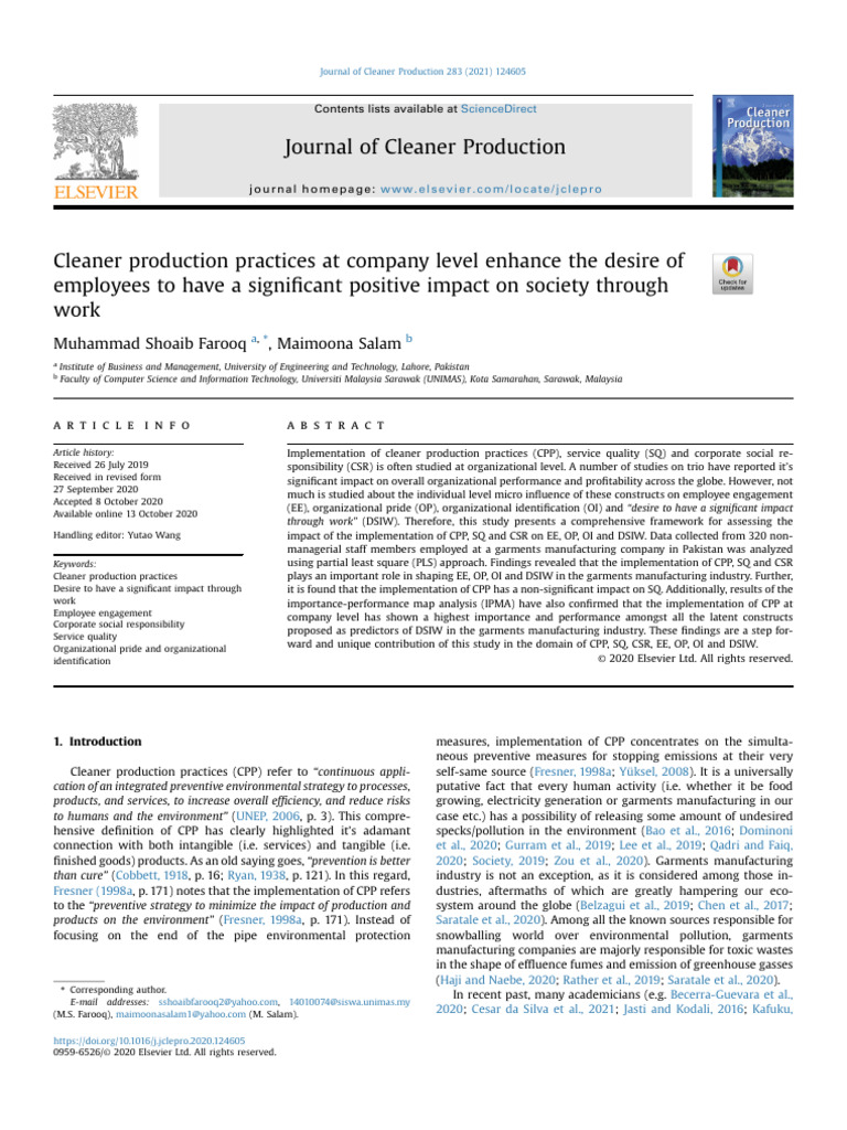 Cleaner Production Practices at Company Level Enhance The Desire of ...