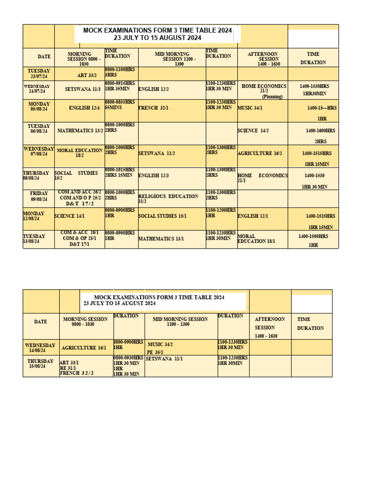 Form 3 National Mock Examination Time Table - Draft | PDF