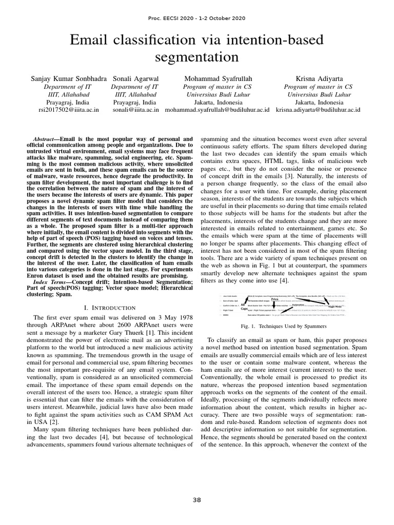 Email Classification Via Intention Based Segmentation Pdf Spamming