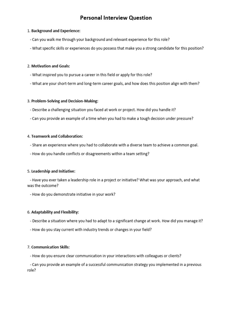Personal Interview Question | PDF Personal Interview Question | PDF