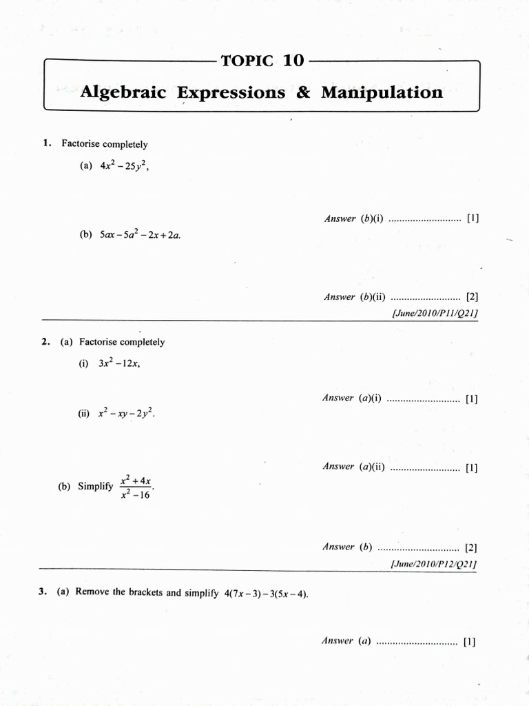10. Algebraic Expressions & Manipulation | PDF