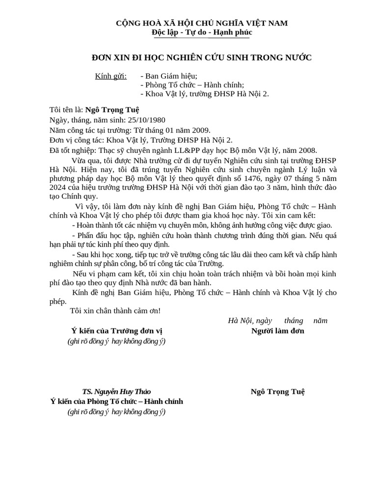 Don xin di hoc NCS.Tue | PDF