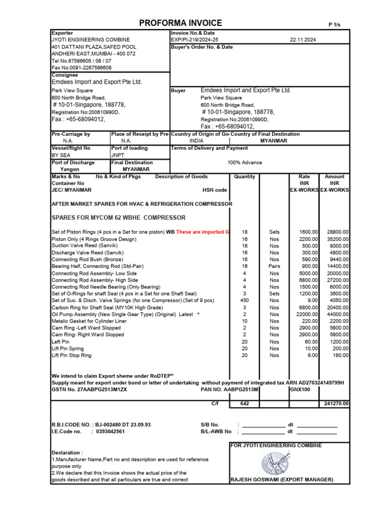PROFORMA INVOICE (1) | PDF | Engines | Engine Technology
