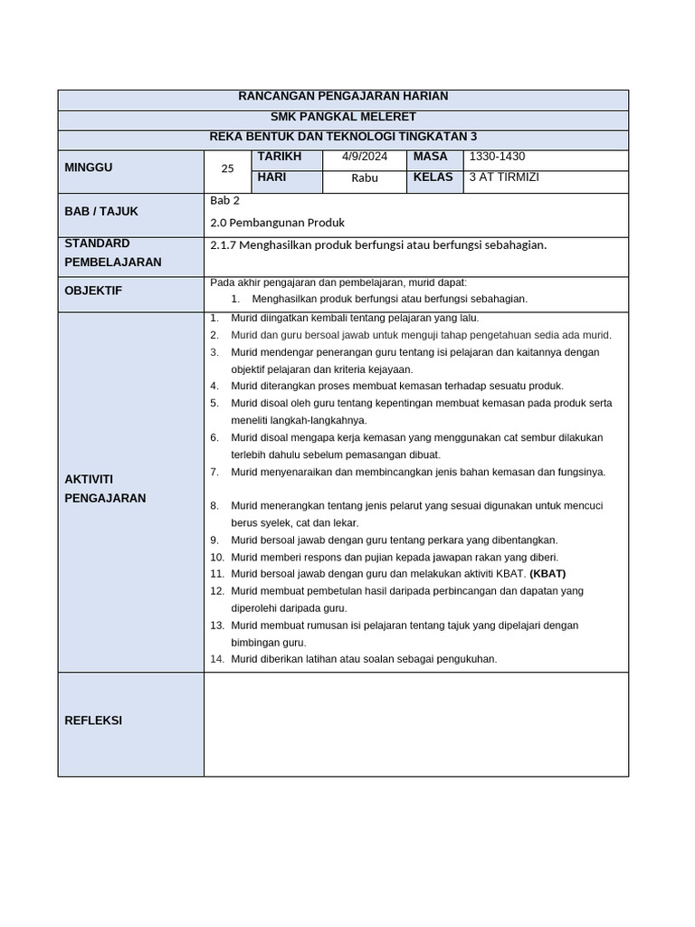 RPH Ringkas Minggu 24 RBT Tingkatan 3 | PDF