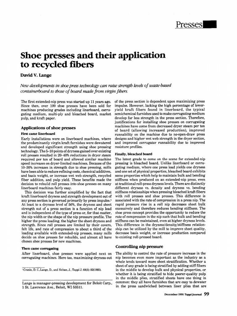 Shoe Presses and Their Application To Recycled Fibers | PDF | Pulp ...