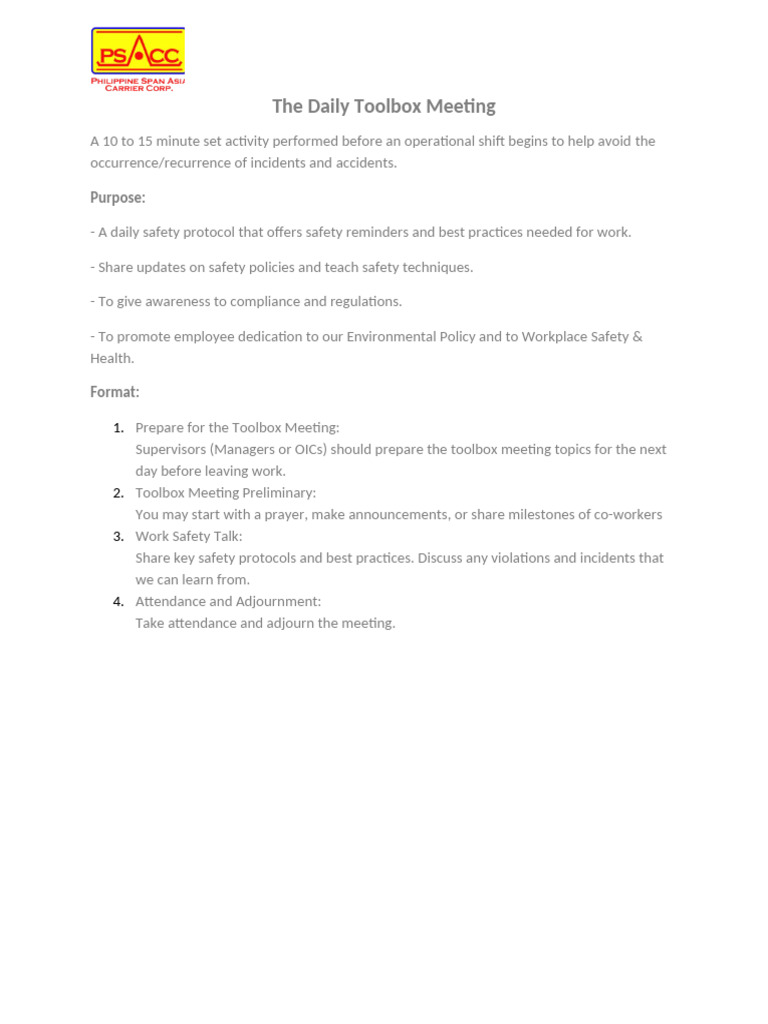 Toolbox Meeting Process and Form (Final) | PDF