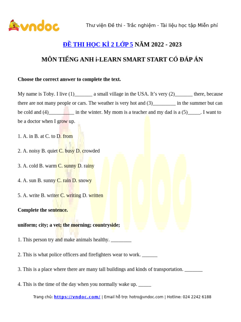 De Thi Tieng Anh Lop 5 Hoc Ki 2 I Learn Smart Start So 3 | PDF