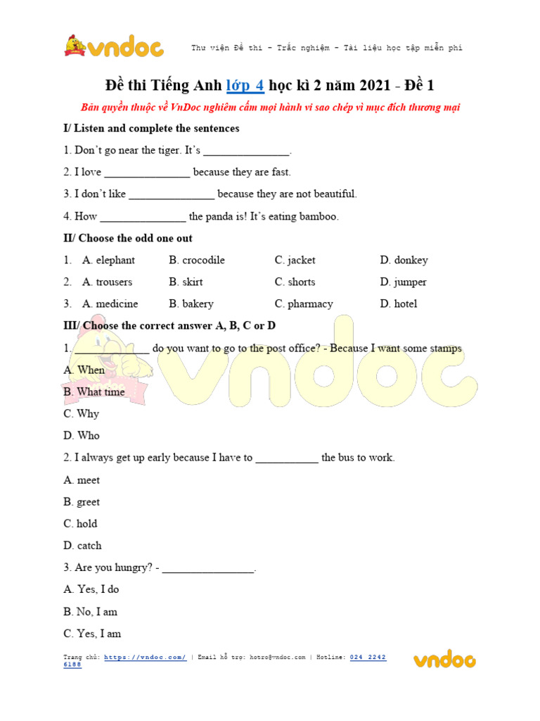 De Thi Tieng Anh Lop 4 Hoc Ki 2 Nam 2021 de 1 | PDF
