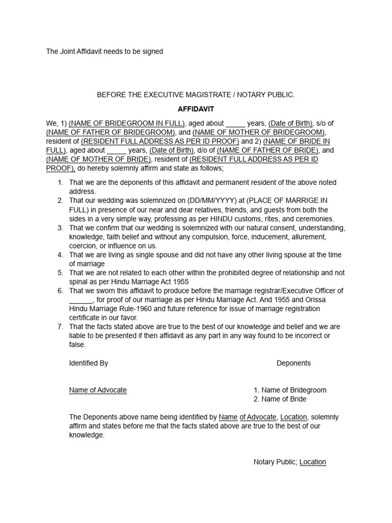Joint Affidavit for Marriage Certificate | PDF