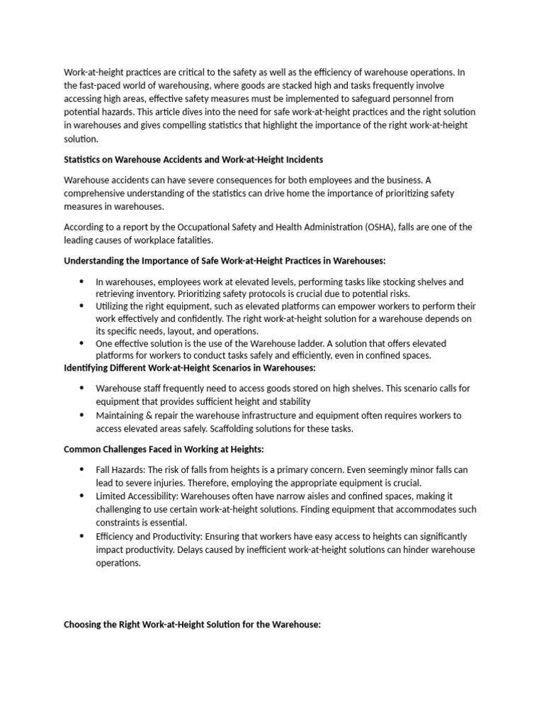 Work at heights | PDF | Warehouse | Occupational Safety And Health ...