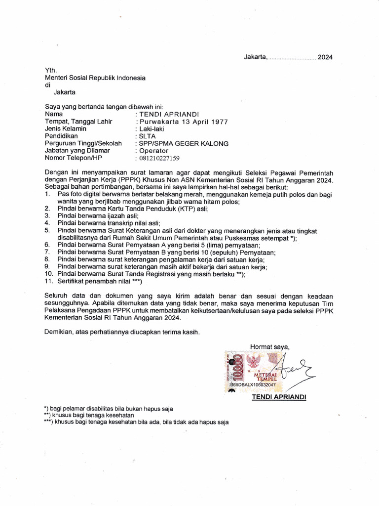 Surat Lamaran Pak Tendi | PDF