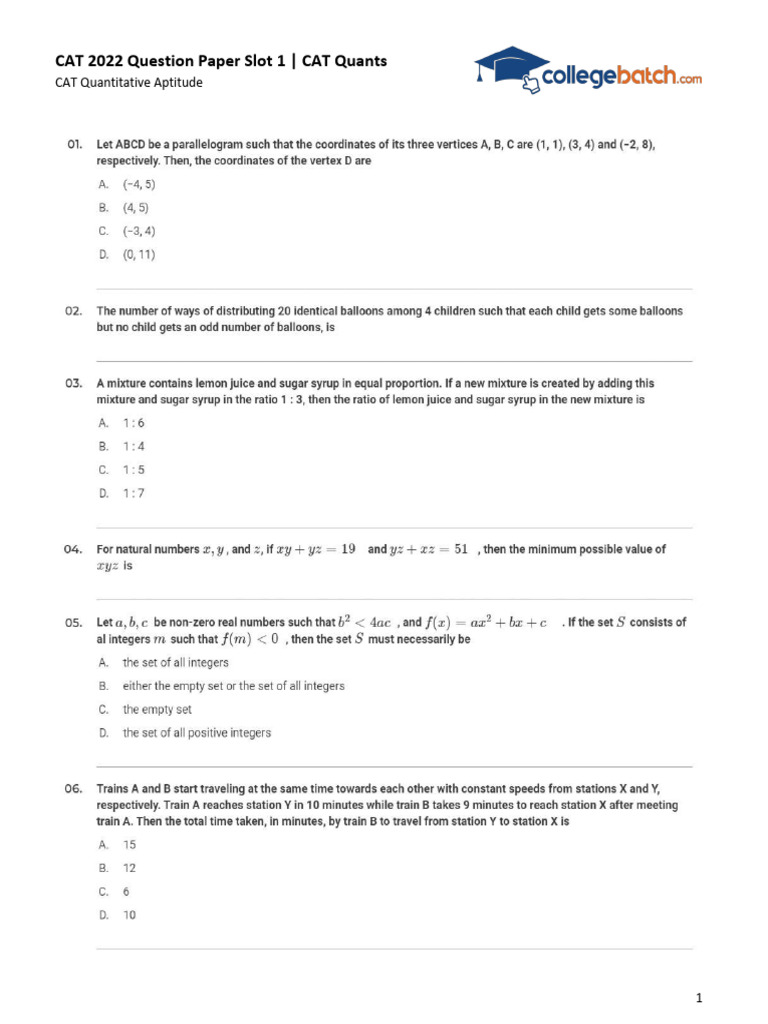 CAT 2022 Quants Papers & Answers | PDF | Data Analysis | Financial ...
