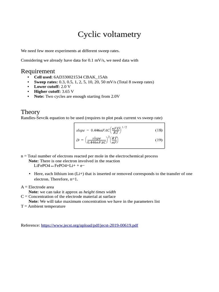Cyclic Voltammetry Sweep Rate Experiments | PDF