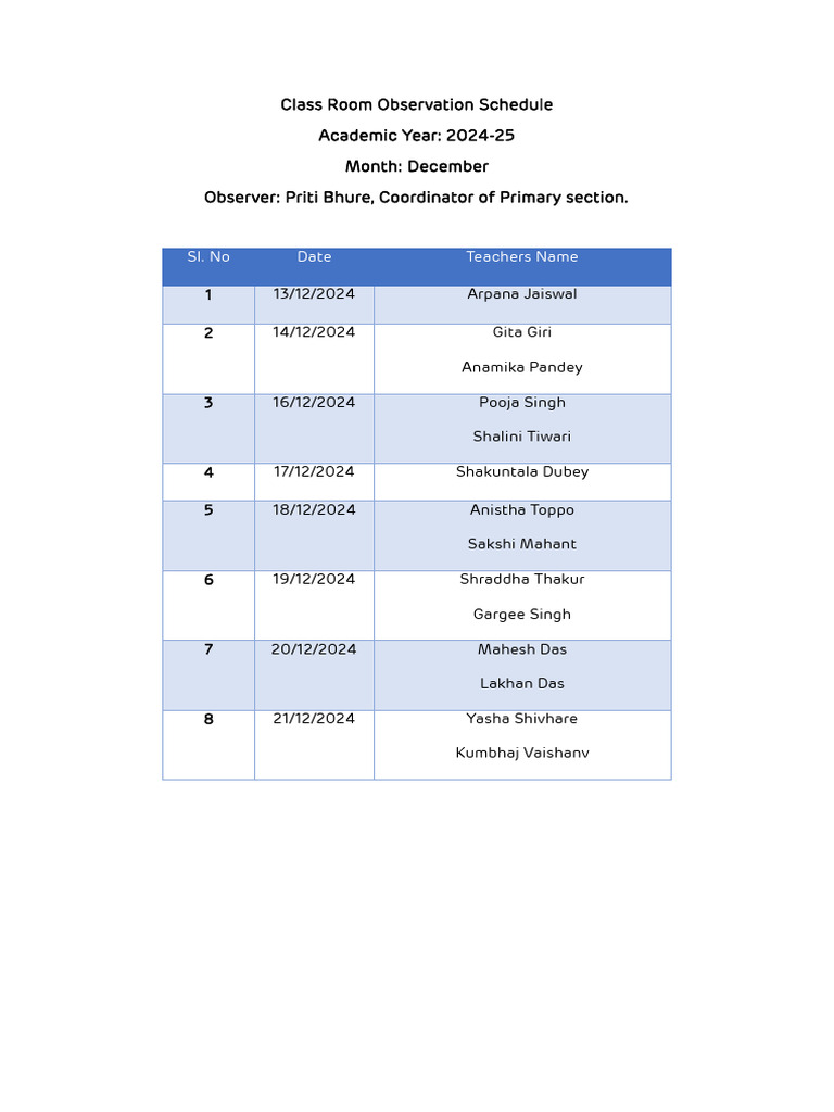 CR Observation Schedule - December | PDF
