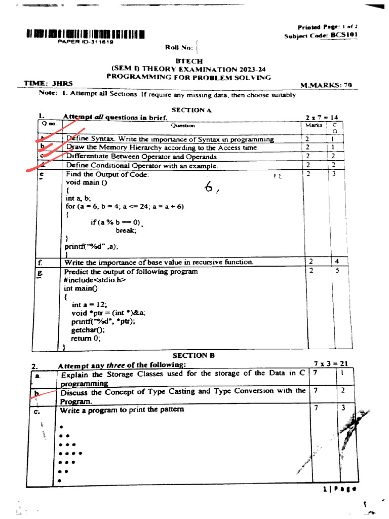 Btech 1 Sem Programming For Problem Solving Bcs101 Mar 2024 Copy 1 Pdf 4268